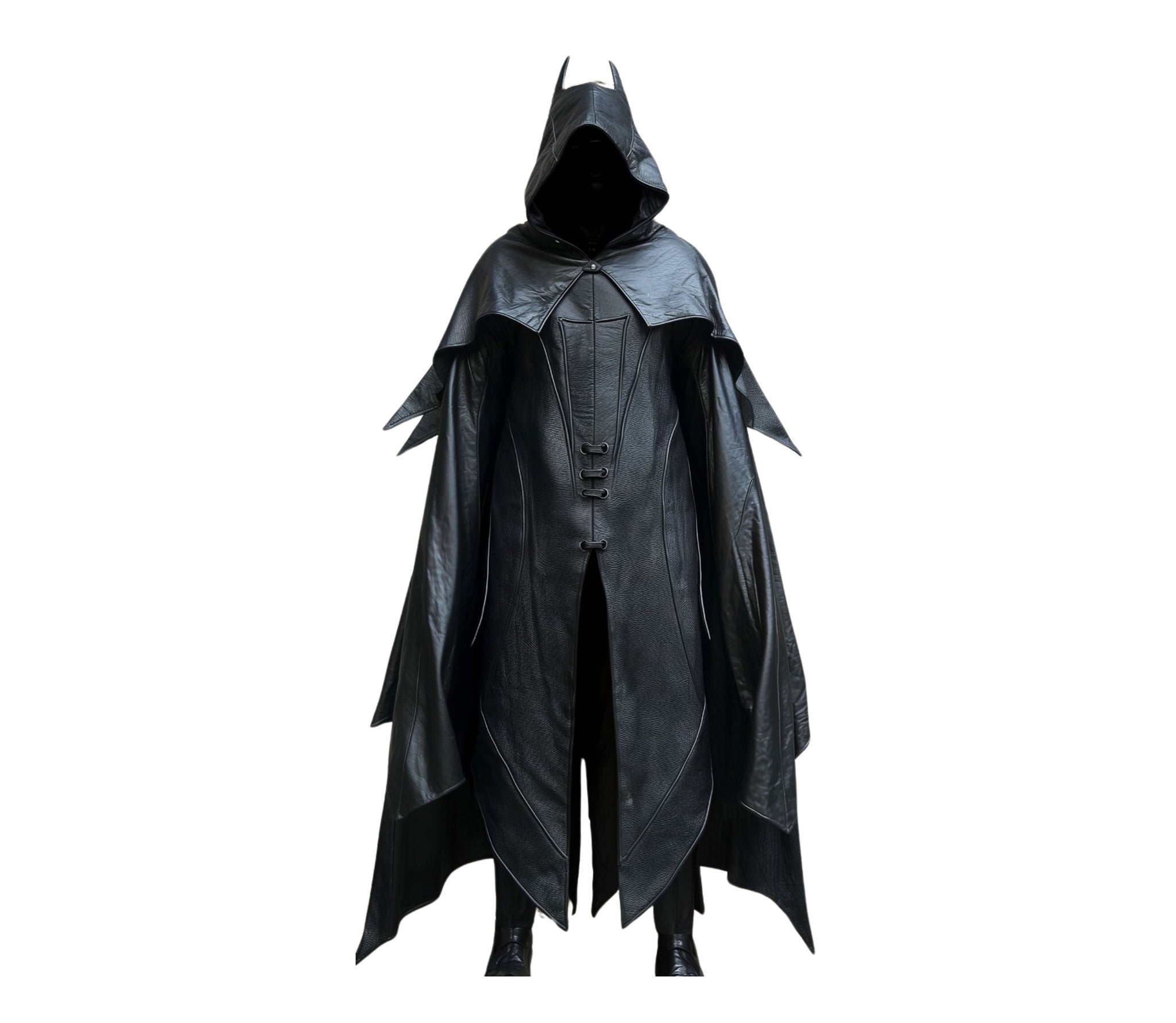 Black Leather Superhero Hooded Cloak & Vest Costume